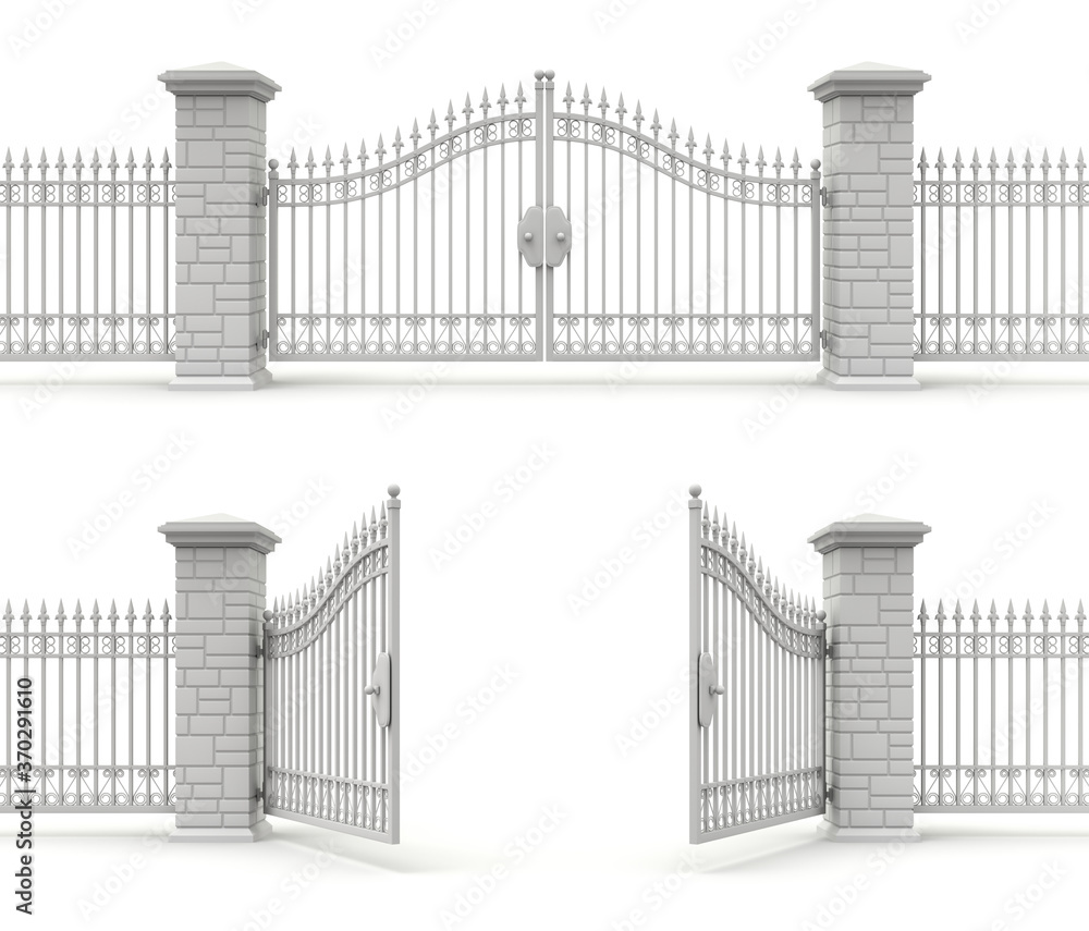 Clay render of open and closed iron gate - 3D illustration Stock ...