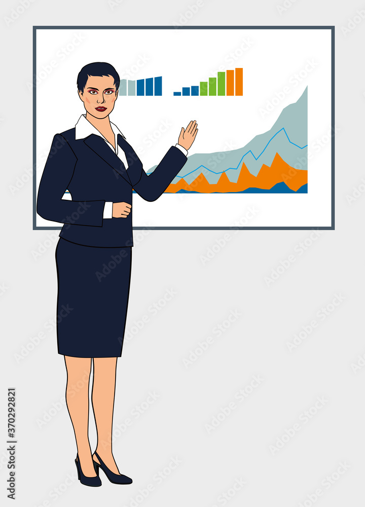 Manager girl stands at the poster with infographics. Vector graphics ...