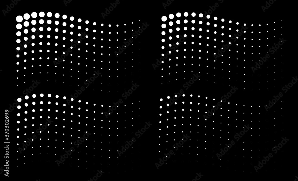 Set of corner wavy white gradient halftone dots backgrounds. Horizontal ...