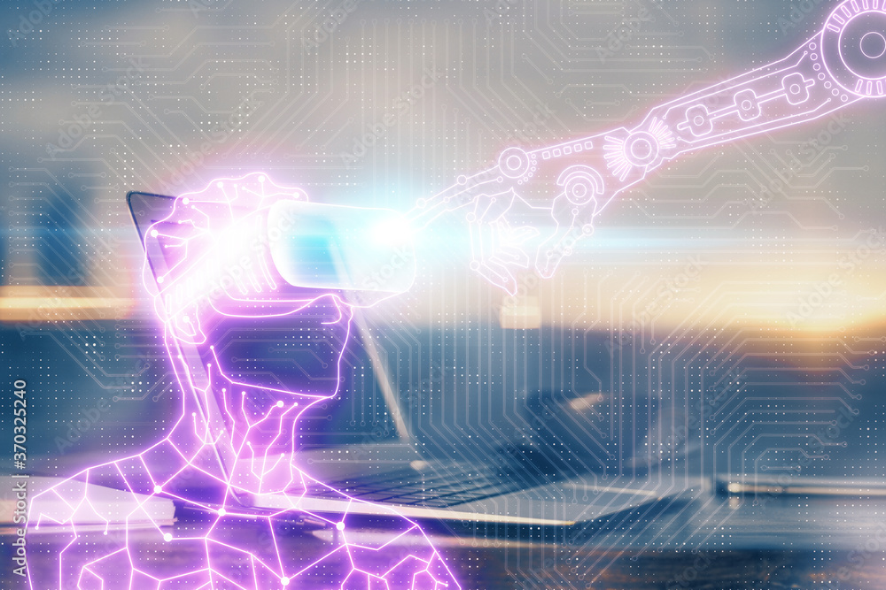 Computer on desktop with AR theme icon. Multi exposure. Concept of ...