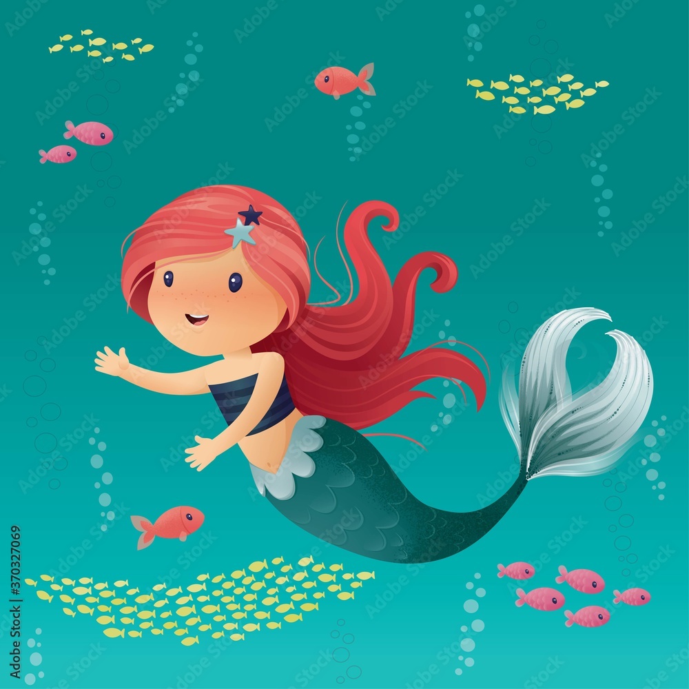 Cute Little Mermaid with Long Red Hair Smiling and Swiming in the Ocean ...