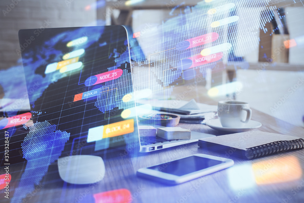 Technology theme drawing and work space with computer. Double exposure ...