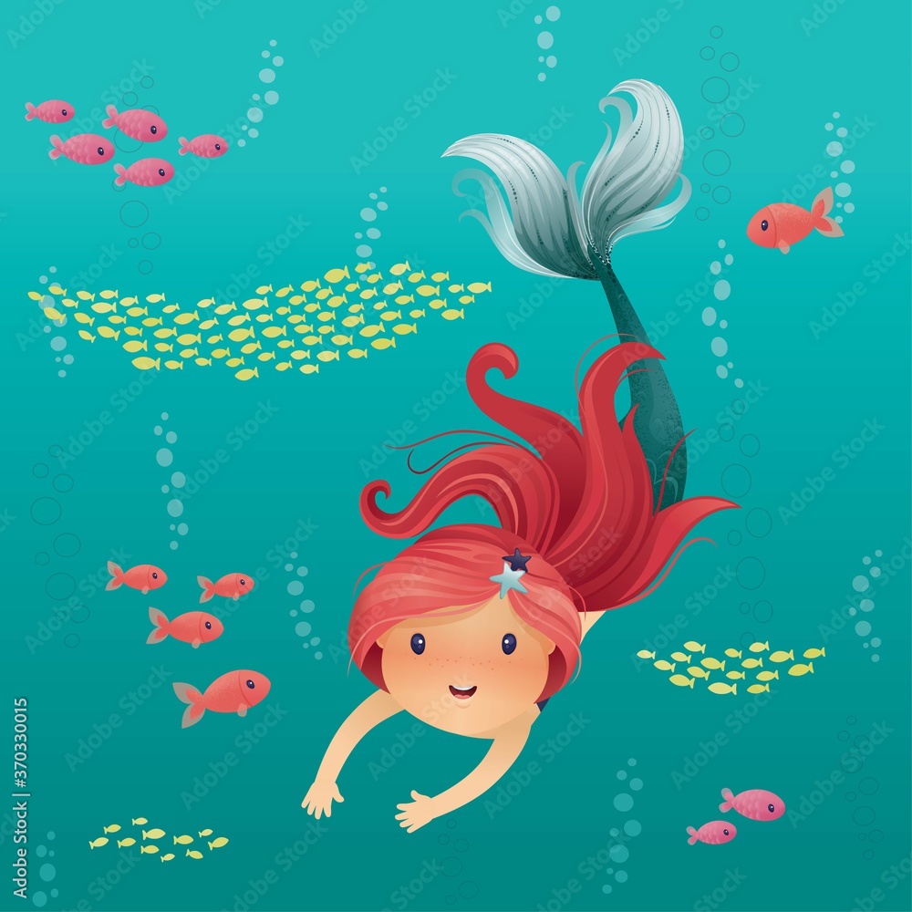 Cute Little Mermaid with Long Red Hair Smiling and Swiming Down in the ...