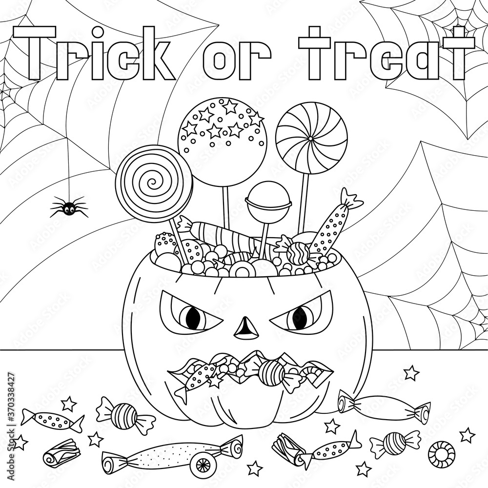 Trick or Treat coloring page. Halloween coloring page for kids. Cartoon ...