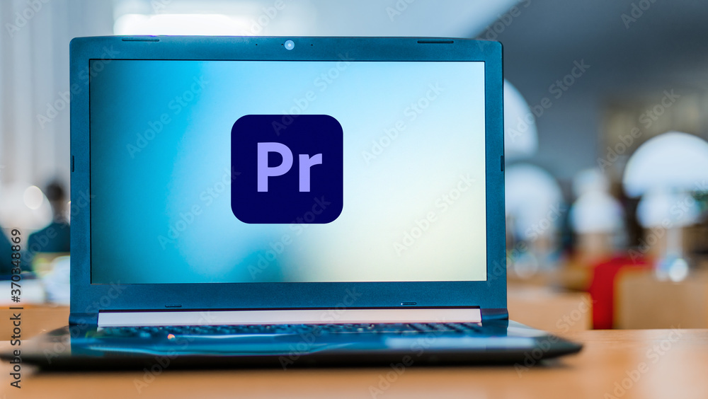 Laptop computer displaying logo of Adobe Premiere Pro Stock Photo ...
