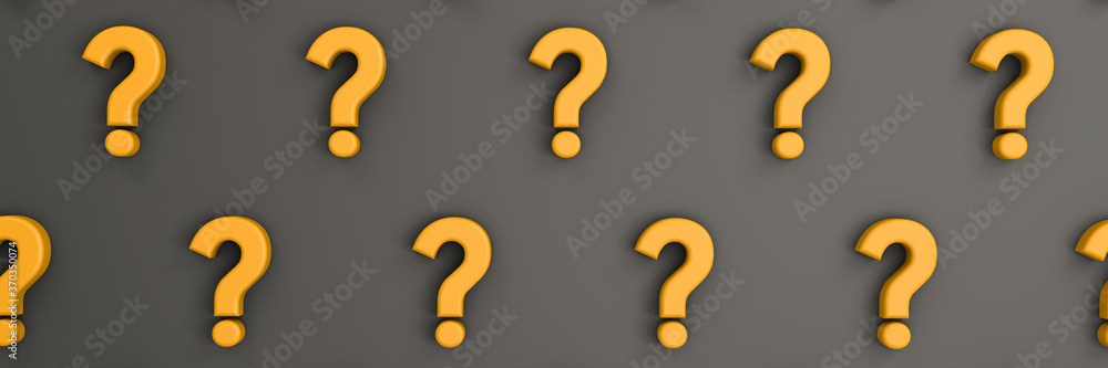 3d rendering of question mark on black minimalistic background. Wide ...