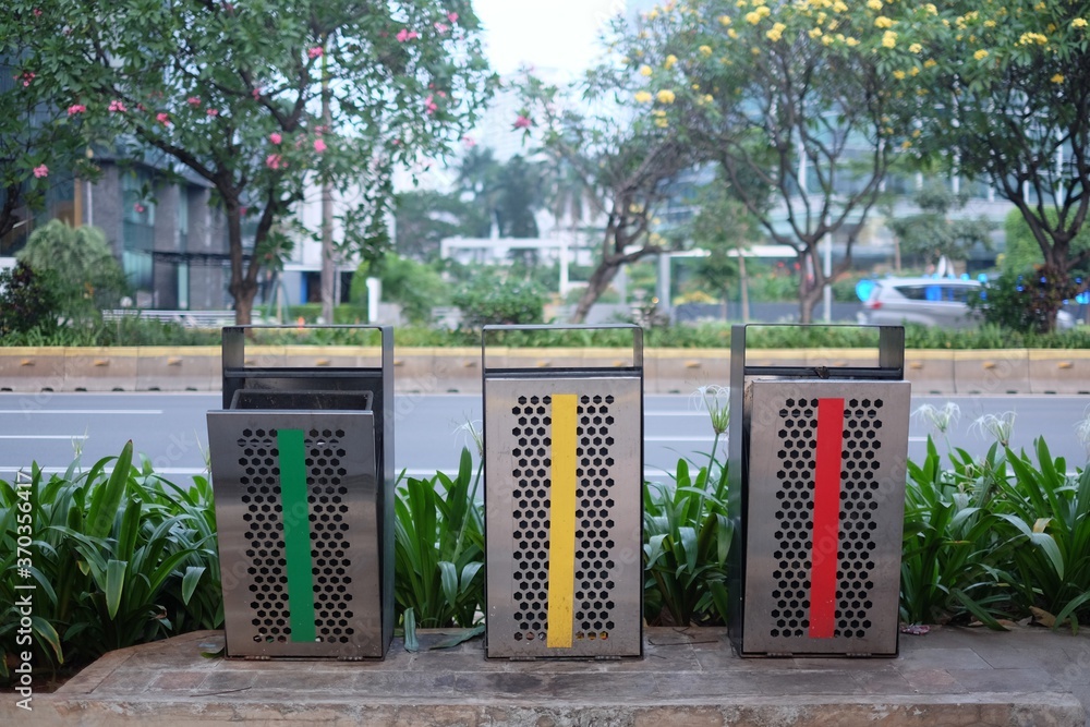 Jakarta, Indonesia - July 18th 2020: New trash bin decorating an empty ...