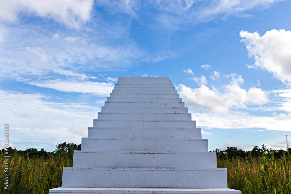 White stairs on beautiful sky background. White wooden walkway. Walk ...
