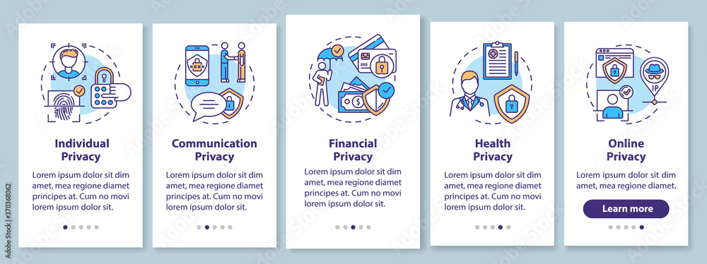 Privacy types onboarding mobile app page screen with concepts ...