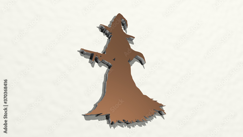 wizard with gun on the wall. 3D illustration of metallic sculpture over ...