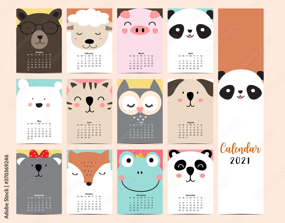 Cute face animal calendar 2021 with panda,dog,cat,frog,fox, monkey ...