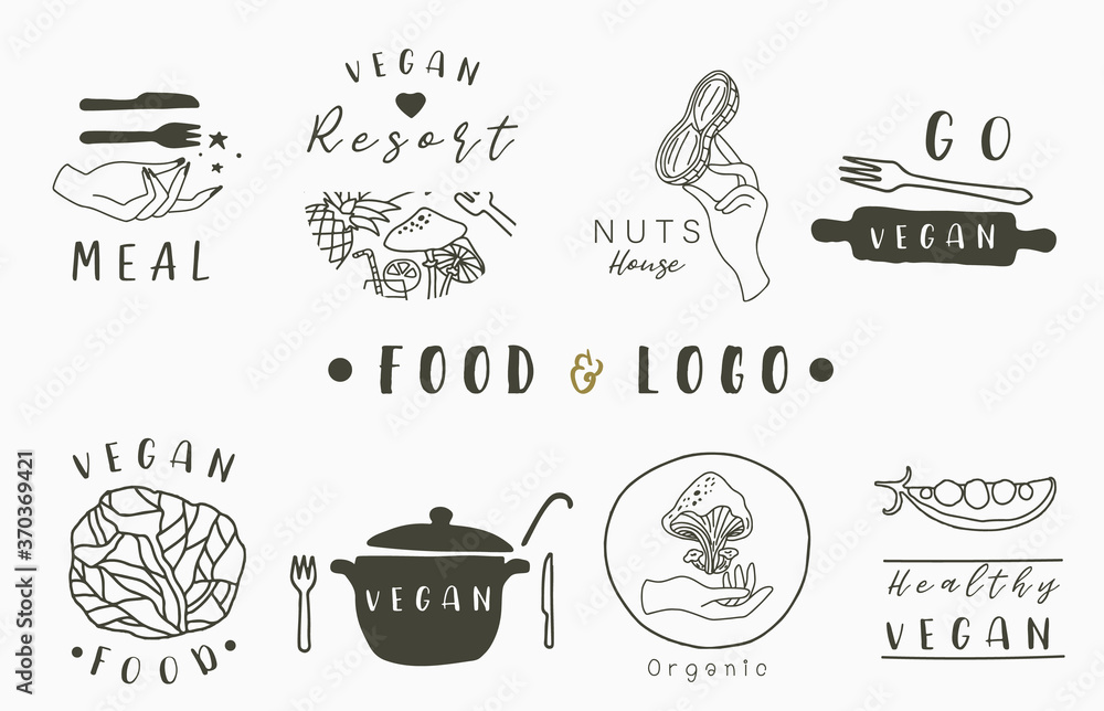 cook and kitchen logo collection with cabbage,pan,nut,pot,fork,knife ...