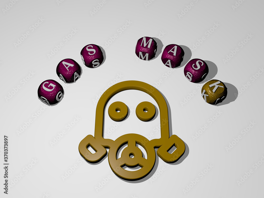 3D graphical image of gas mask vertically along with text built around ...