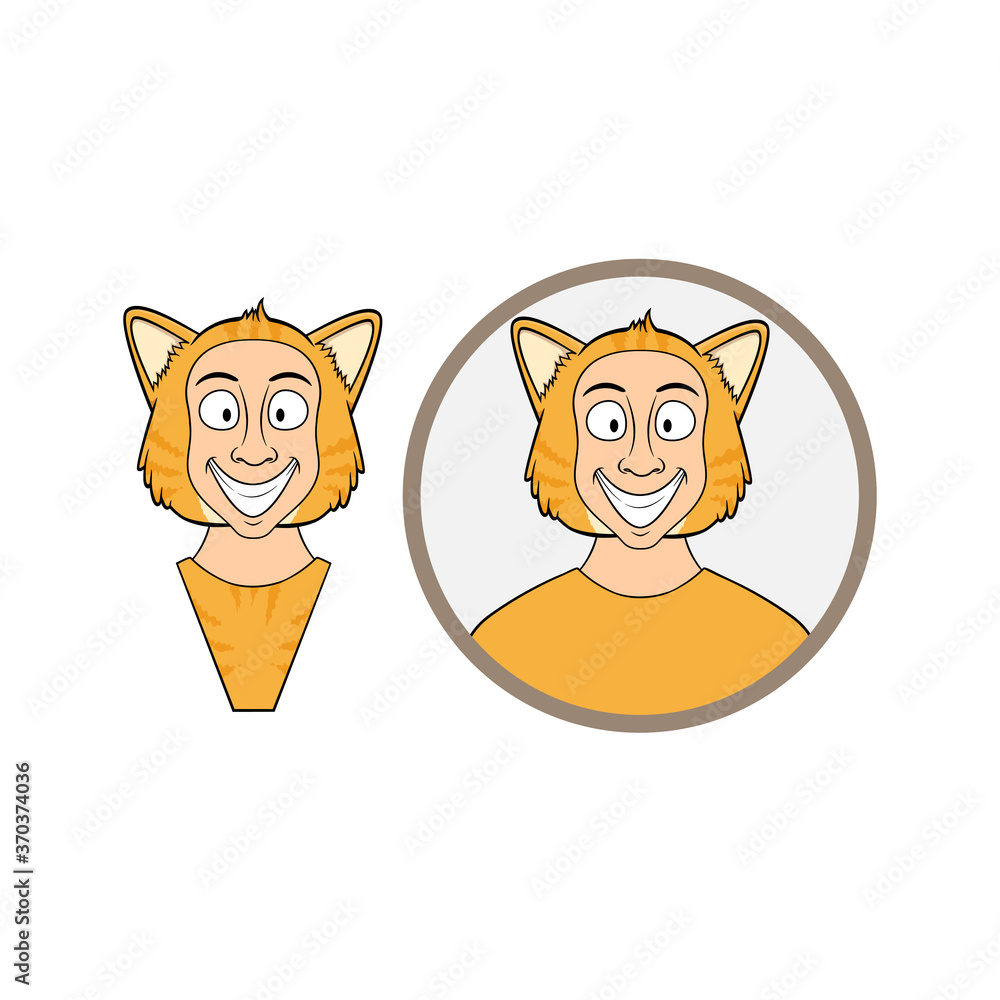 bust of a smiling cartoon man dressed as a ginger cat in a circle ...