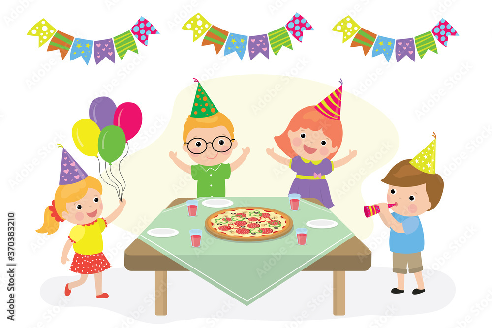 Pizza party banner. Happy birthday card. Cartoon caucasian children ...