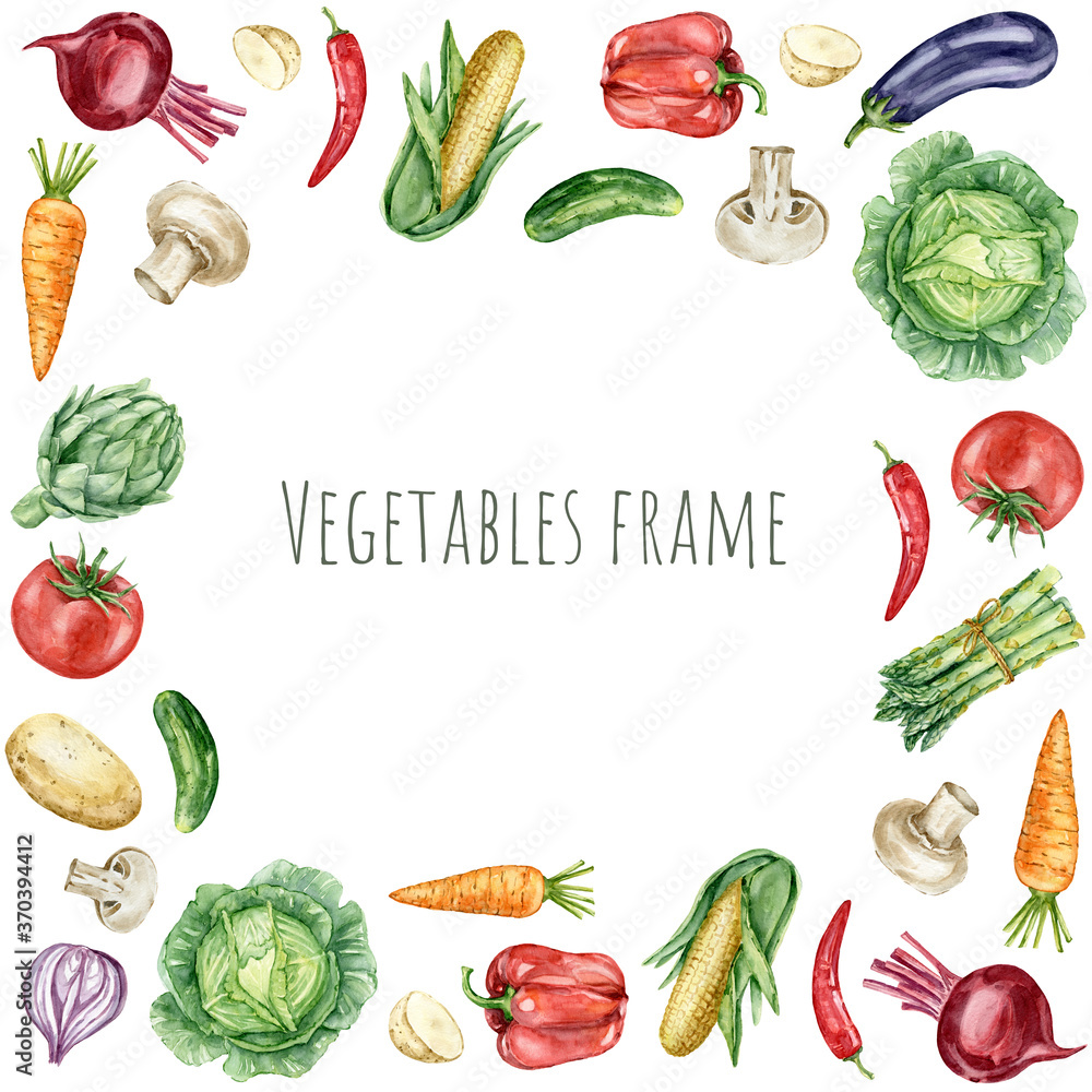 Watercolor square vegetable frame. Hand drawn vegetables. Template ...