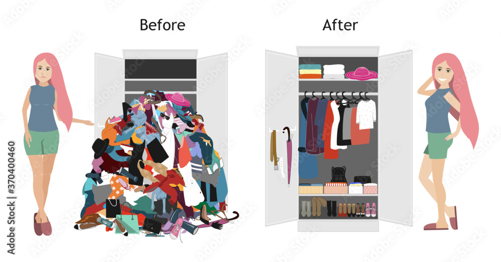 Untidy and after tidy wardrobe with a girl. A lot of cheap ...