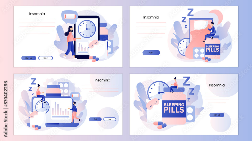 Tiny people suffers from insomnia. Sleep control. Screen template for ...