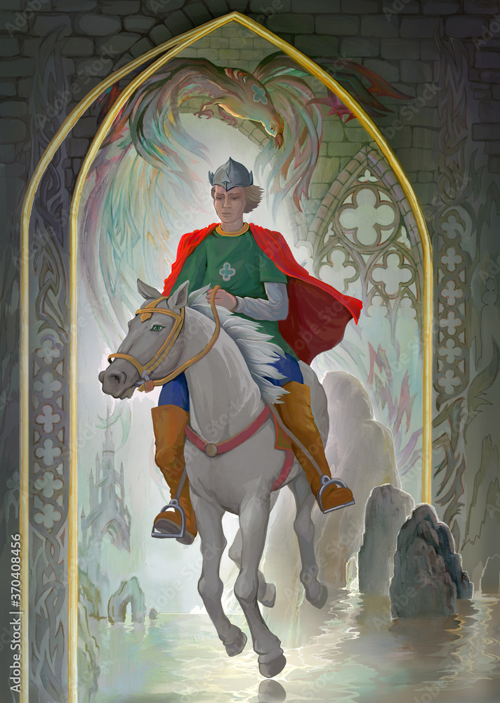 Knight of light. Oil painting on wood. Portrait of a medieval warrior ...