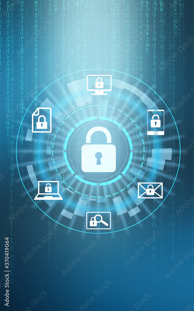 Cyber security concept. Scheme with padlock illustration and binary ...