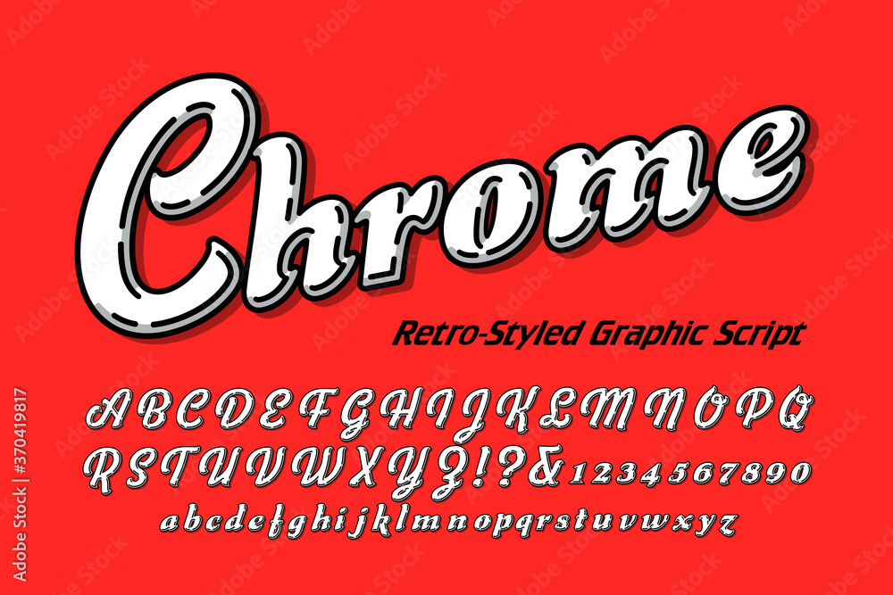 Vector Script Font in Retro Graphic Linear Chrome Style. 1970s Style ...