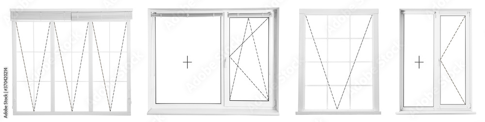 Modern windows with opening type lines on white background. Banner ...