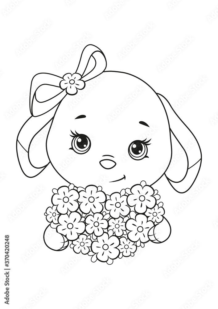 Cute Easter Bunny with flower bouquet coloring page. Black and white ...