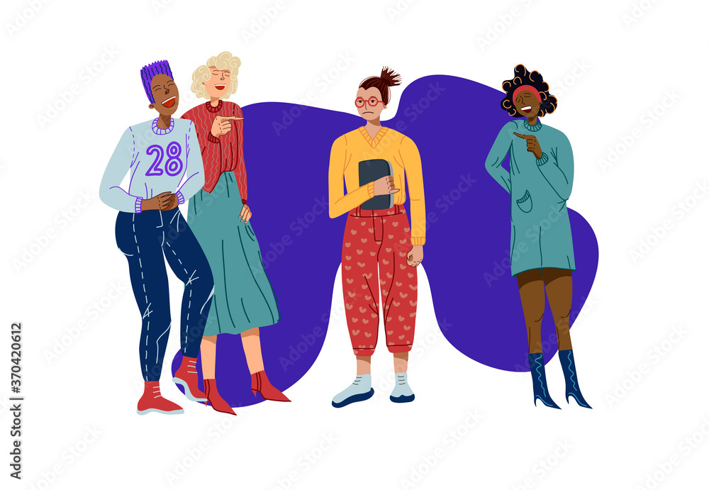 Bullying among students, young people laughing at their classmate ...