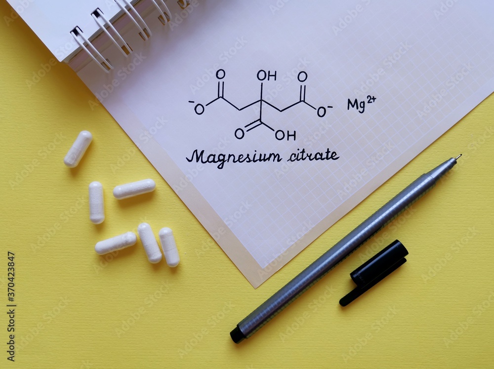 Structural chemical formula of magnesium citrate molecule with white ...