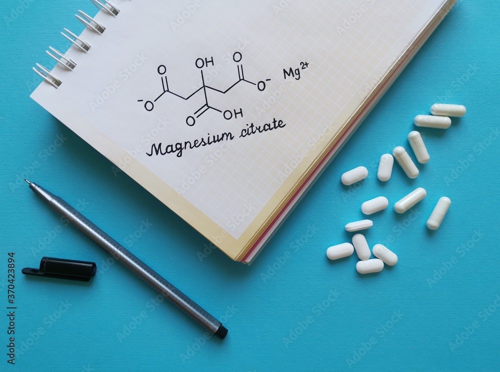 Structural chemical formula of magnesium citrate molecule with white ...