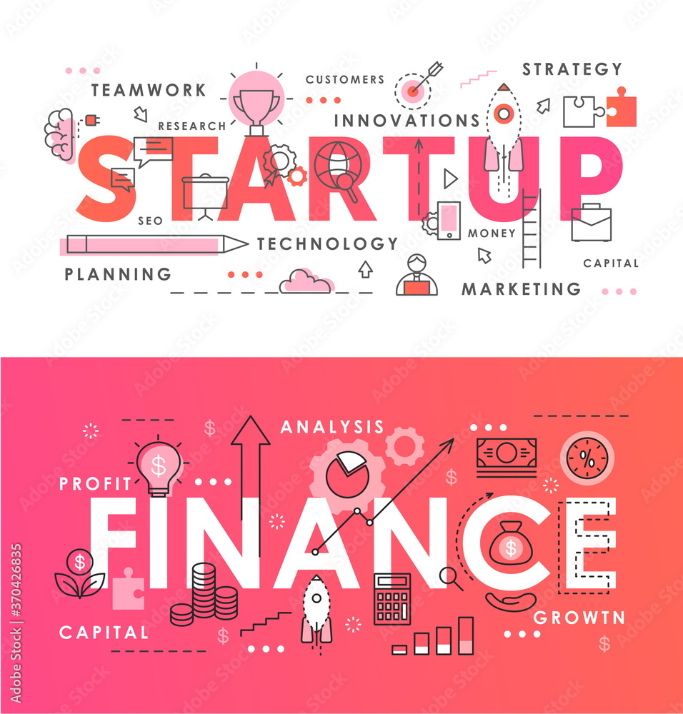 Financial startup word abstract thin line vector illustration set. Flat ...