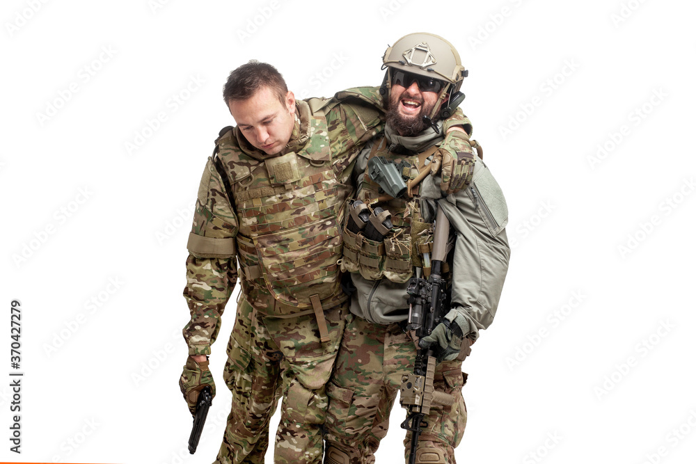 two soldiers in military uniform with weapons fight on a white ...