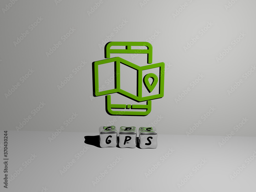 3D graphical image of gps vertically along with text built by metallic ...