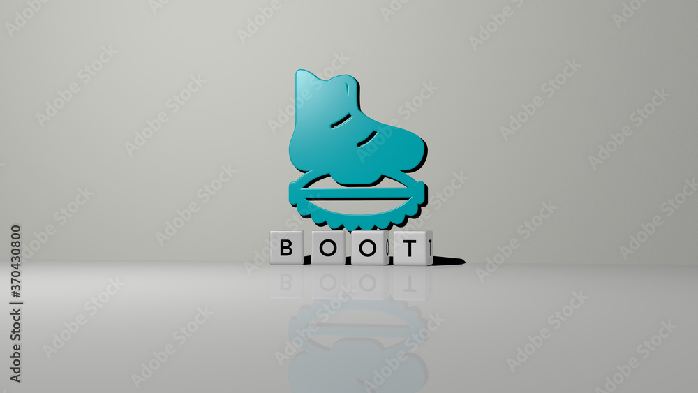 3D graphical image of boot vertically along with text built by metallic ...