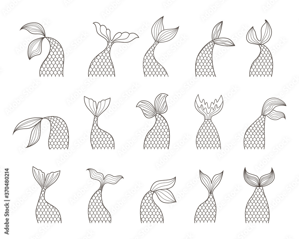 Mermaid tail set. Fabulous sea girl with scales and fins instead legs ...