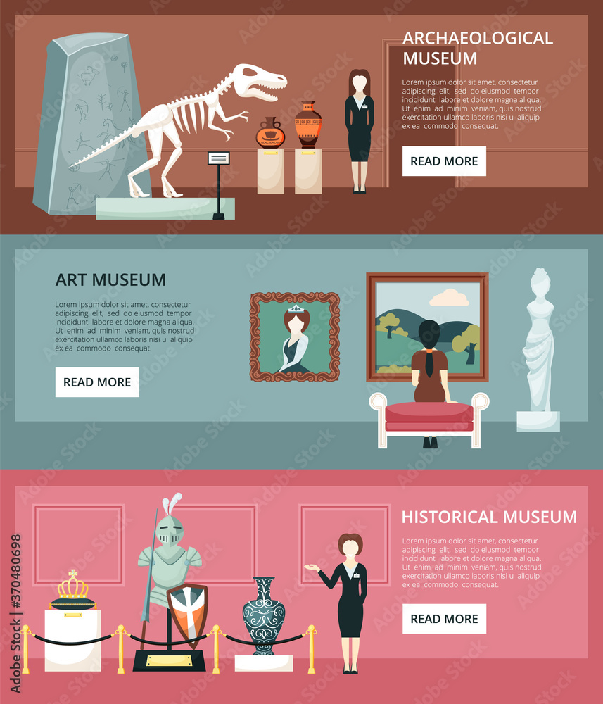 Museum horizontal banners. Archaeological section with dinosaur ...