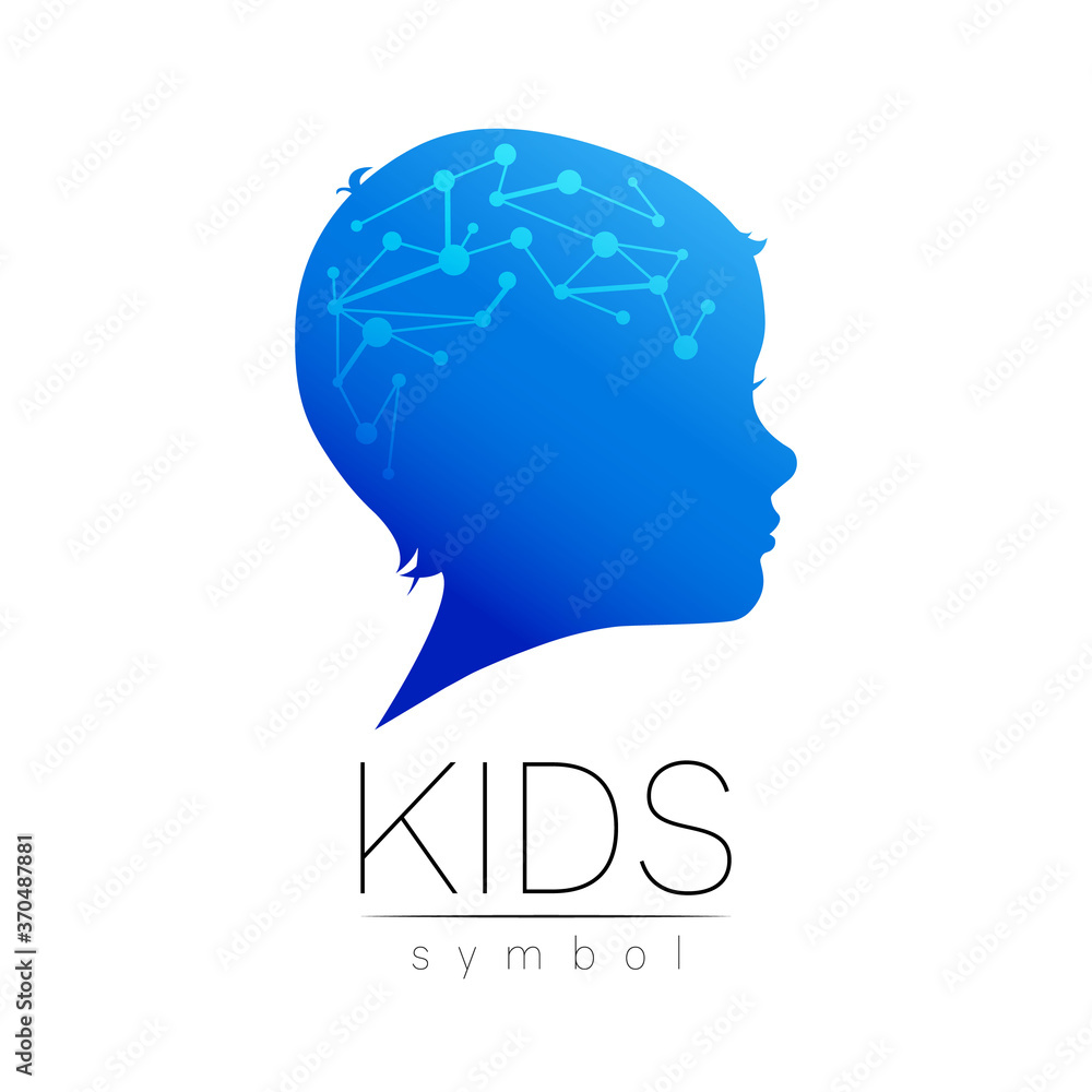Child blue logotype in vector with brain. Silhouette profile human head ...
