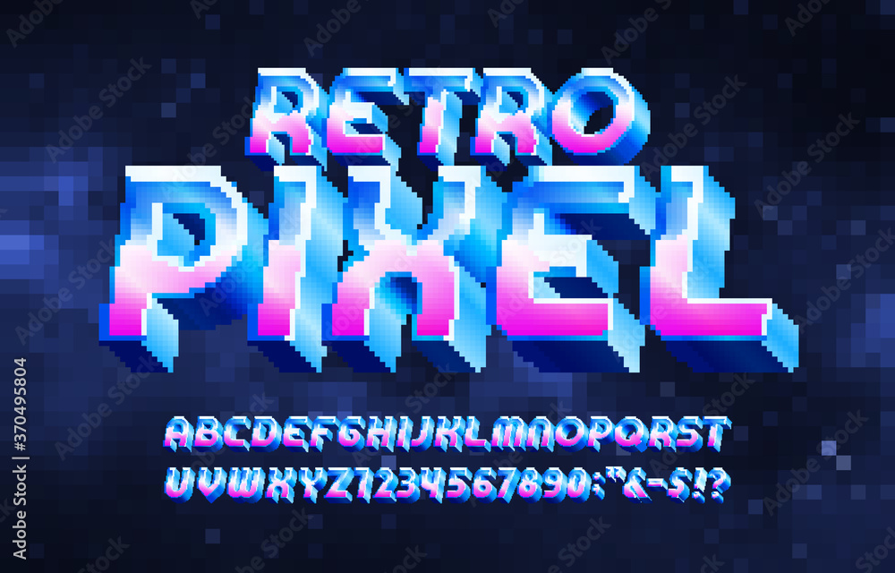 Retro Pixel alphabet font. Metallic effect letters and numbers. Digital ...