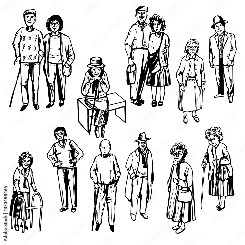 Hand drawn aged people. Senior men and women. Vector sketch ...