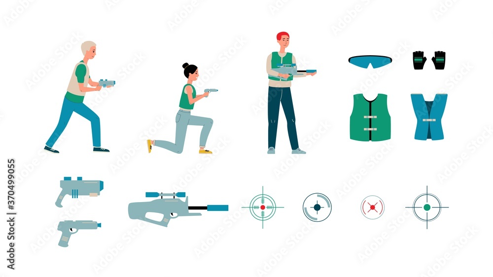 Laser tag players and equipment set - cartoon people in vests holding ...