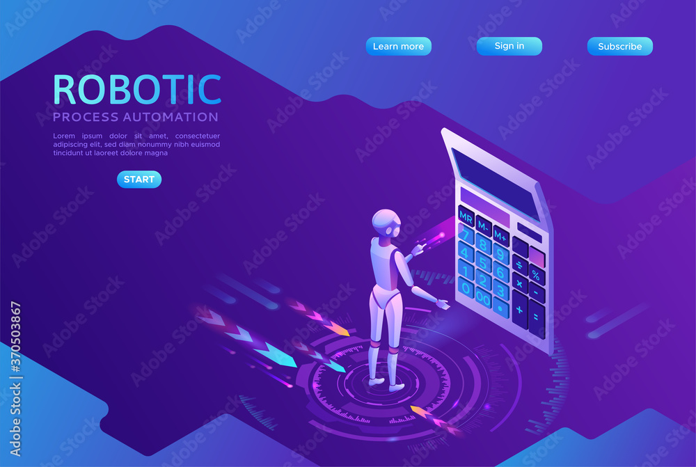 Robotic process automation landing page template with robots working ...
