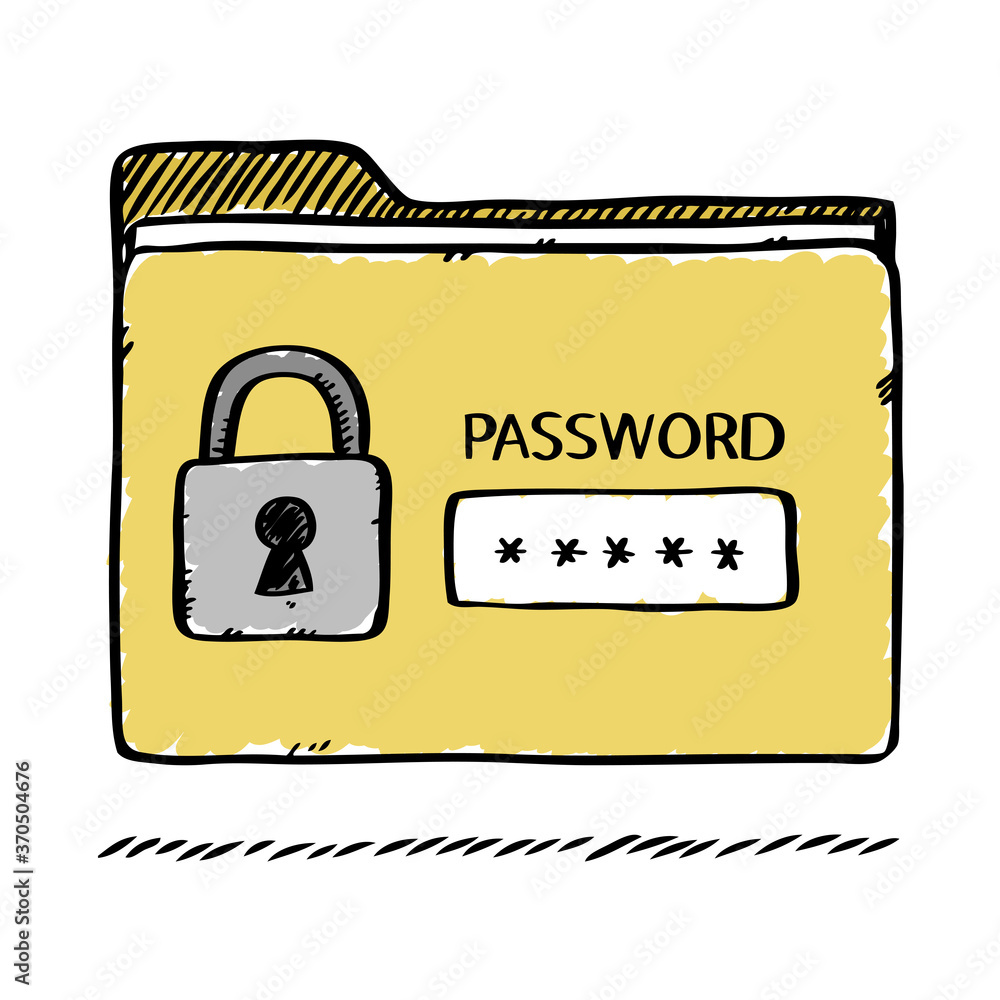Cartoon style doodle of file protected by password. Hand drawn doodle ...