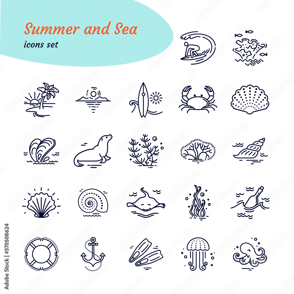 Set sea icons. Modern vector illustration of undersea life. Marine ...