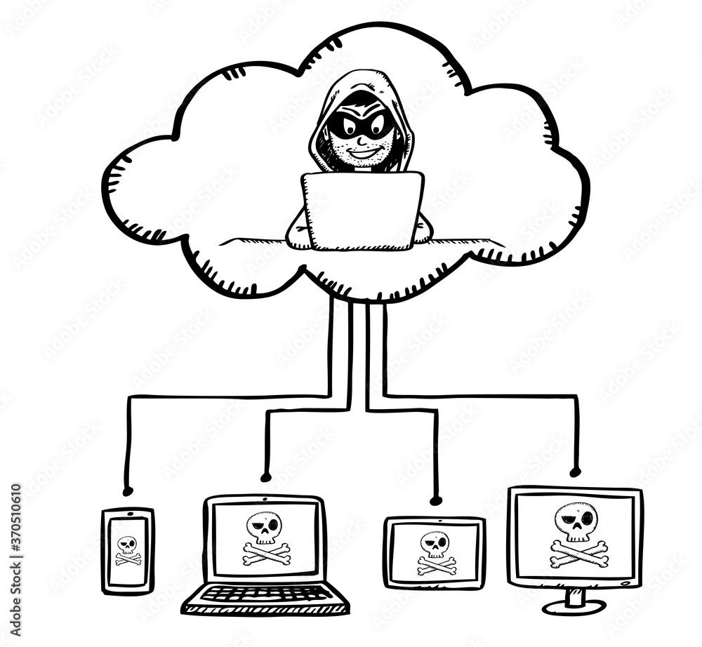 Black and white cartoon style drawing of a hacker attacking office ...