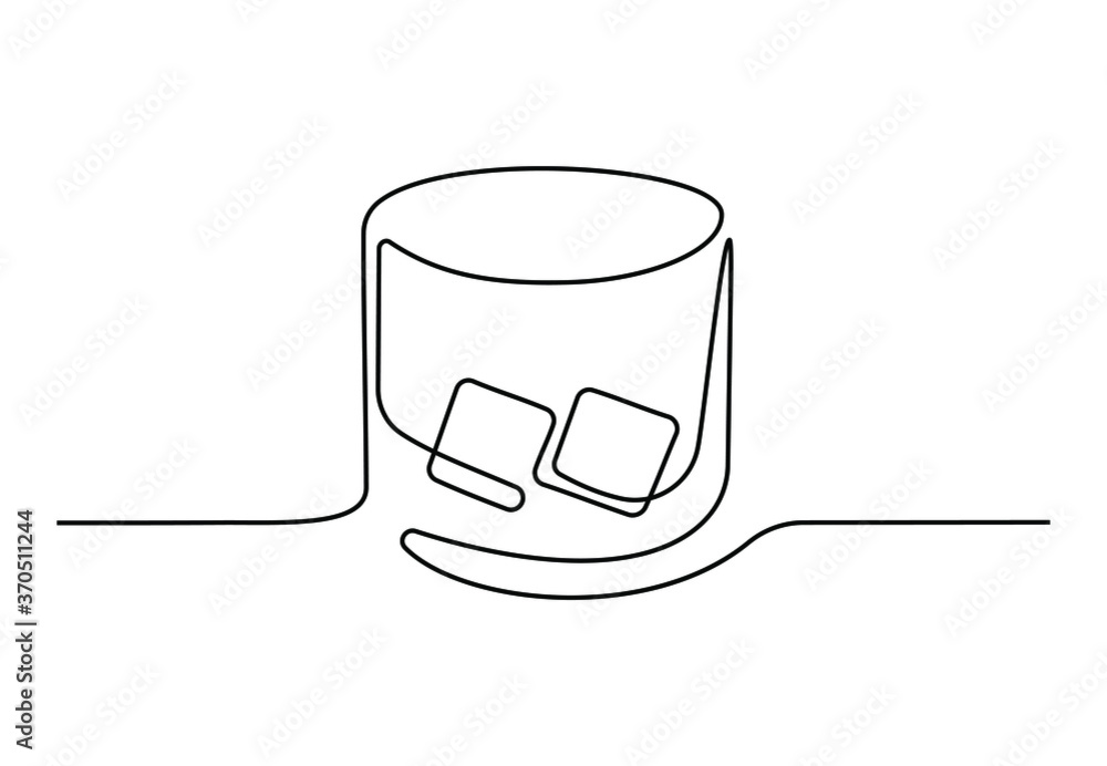 Continuous one line drawing of whiskey in glass with ice cubes. Bar and ...