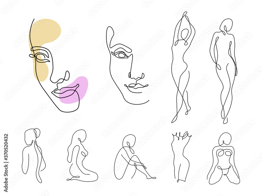Vetor de Line art woman silhouette vector set. Female faces and ...