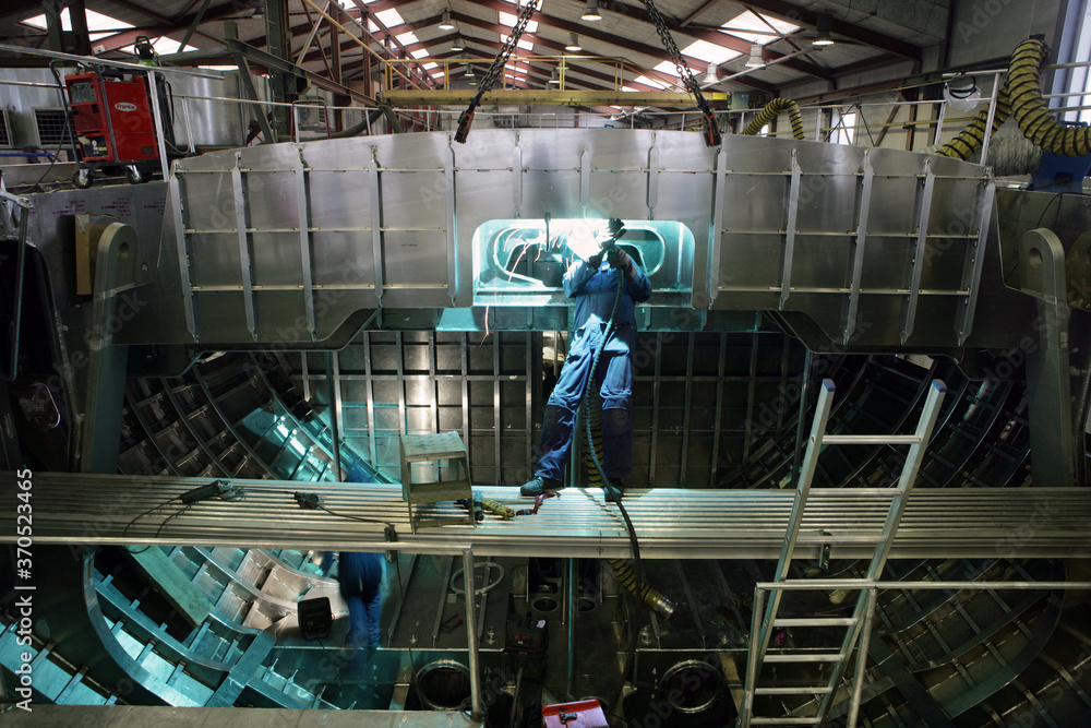 Welding in a aluminum hull of a super sailing yacht. Shipbuilding ...