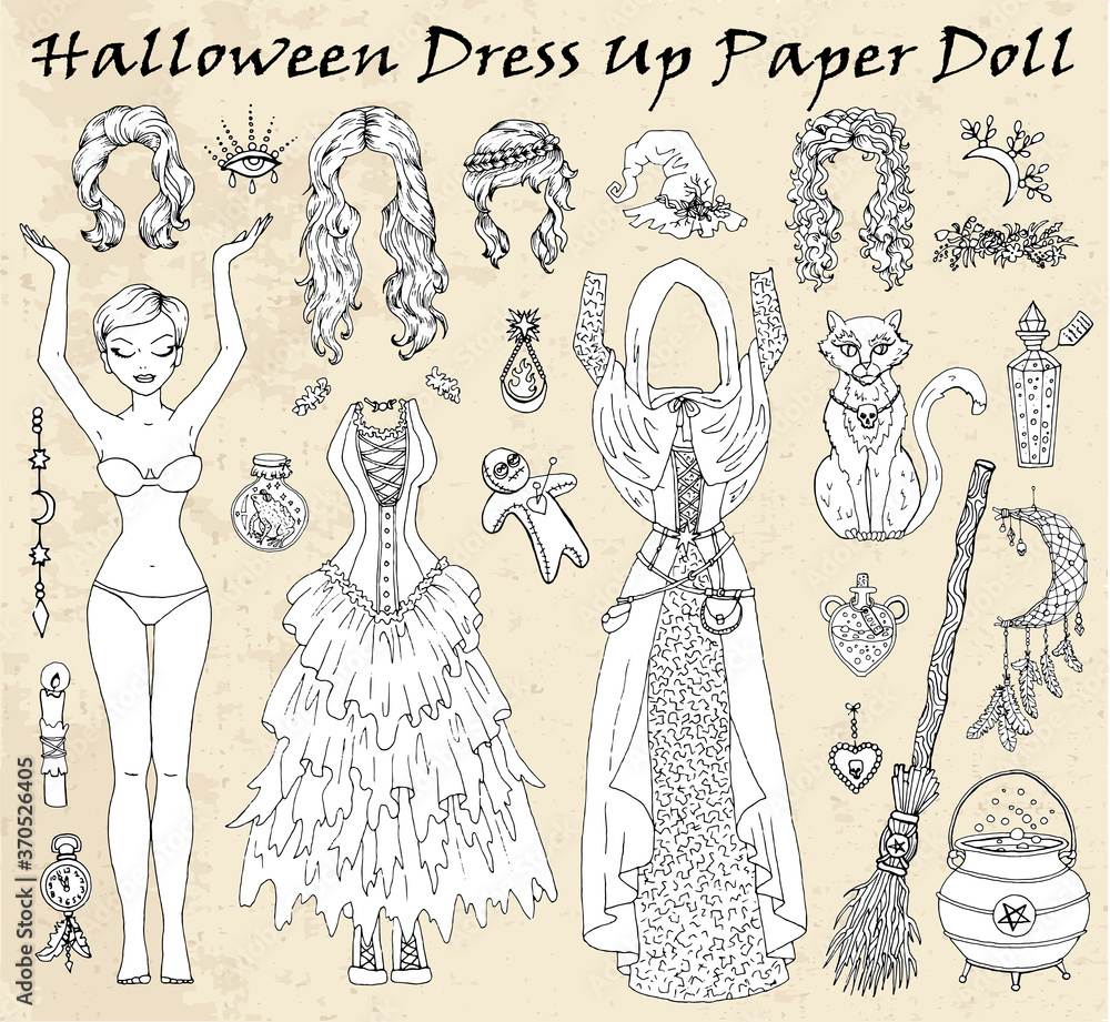 Set of dress up paper doll with Halloween witch clothes, cat, pot ...