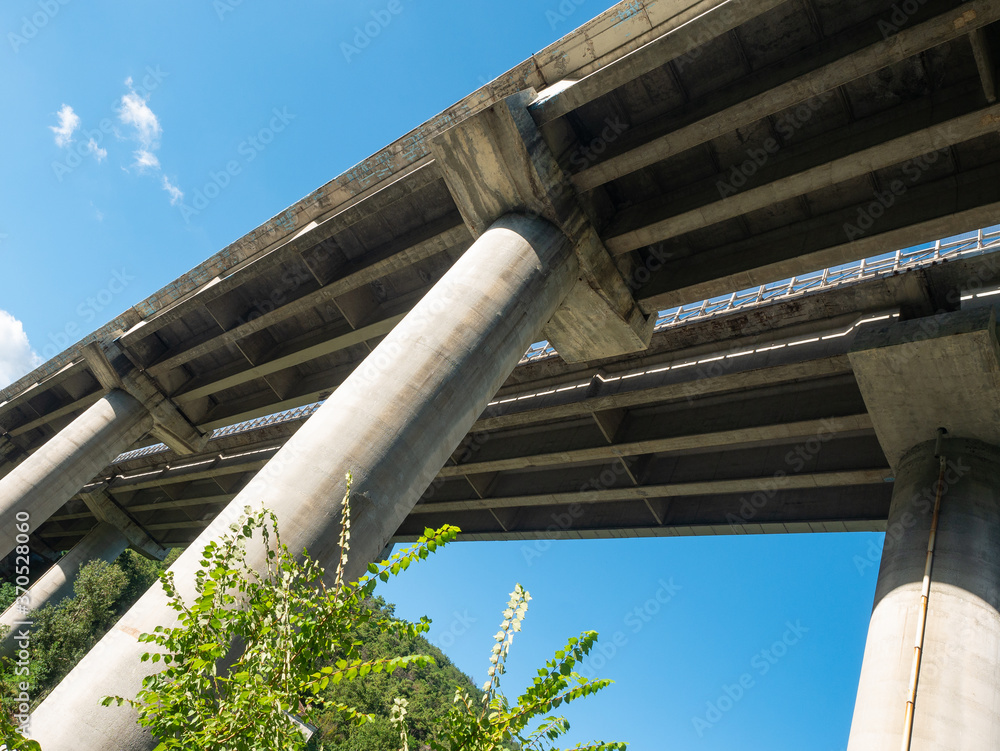 Multiple Lane Highway bridge with reinforced concrete columns. Bottom ...
