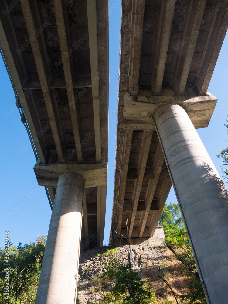 Multiple Lane Highway bridge with reinforced concrete columns. Bottom ...